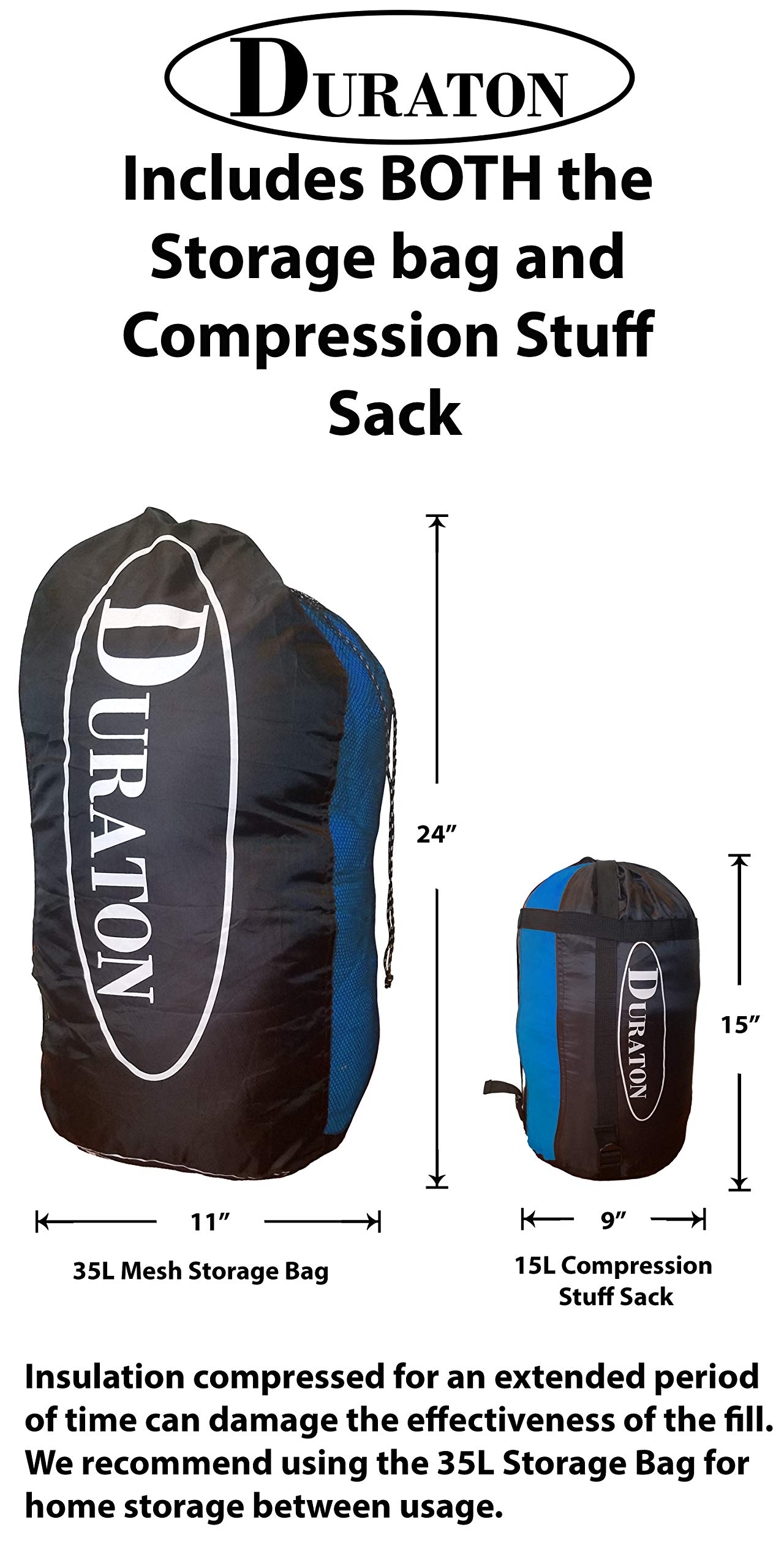 Duraton Mummy Sleeping Bag 20 Degree Weather, Lightweight with Compression Sack for Camping or Backpacking, Warm for Both Adults and Kids (Blue)