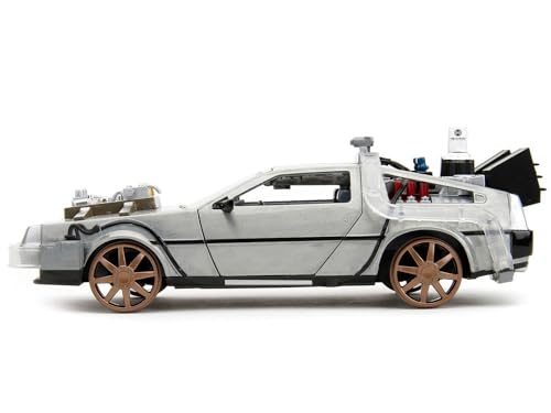 Delorean Brushed Metal Time Machine (Train Wheel Version) with Lights Back to The Future Part III (1990) Movie Hollywood Rides Series 1/24 Diecast Model Car by Jada 34996