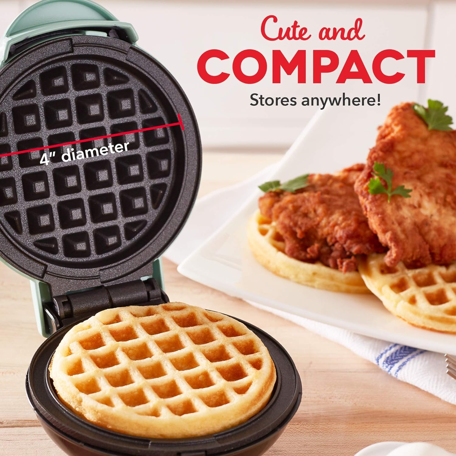 Mini Maker for Individual Waffles, Hash Browns, Keto Chaffles with Easy to Clean, Non-Stick Surfaces, 4 Inch, Waffles in Minutes (Aqua)