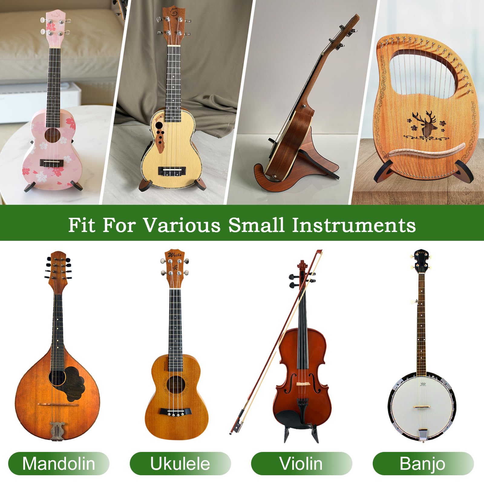 Graunton Ukulele Stand, Portable Wooden Ukulele Stand Floor, X-Frame Sturdy Instrument Stand with Soft Edge for Ukulele, Mandolins and Violins (Legno Color)