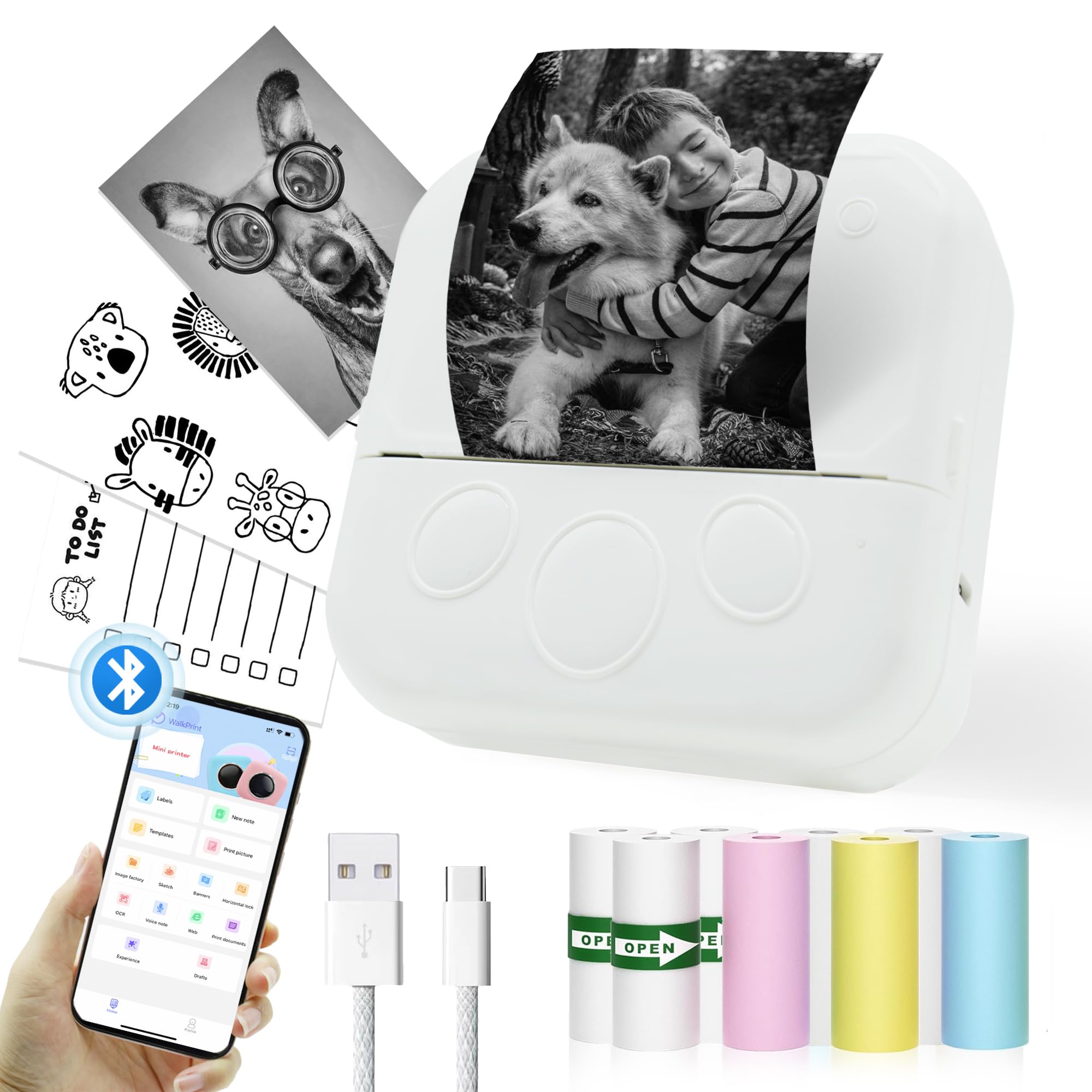 Mini Printer Sticker Maker, Inkless Sticker Printer, Portable Mini Thermal Printer with 8 Rolls Thermal Paper and Sticker For Ios & Android, Bluetooth Pocket Phone Printer for Notes & Children Diy