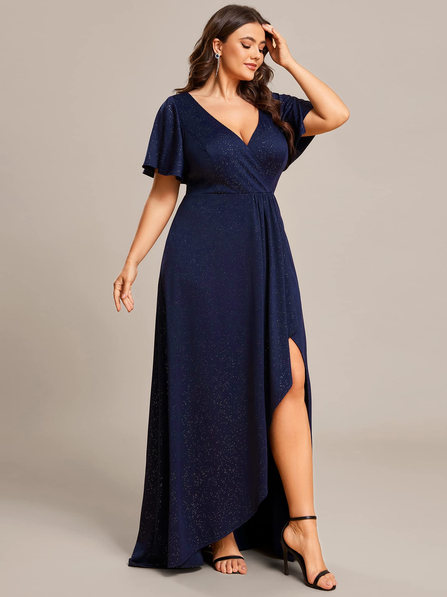 Ever-Pretty Plus Women's Plus Size Glitter A-Line Ruffle High-Low Summer Cocktail Dress with Sleeves Navy Blue US16