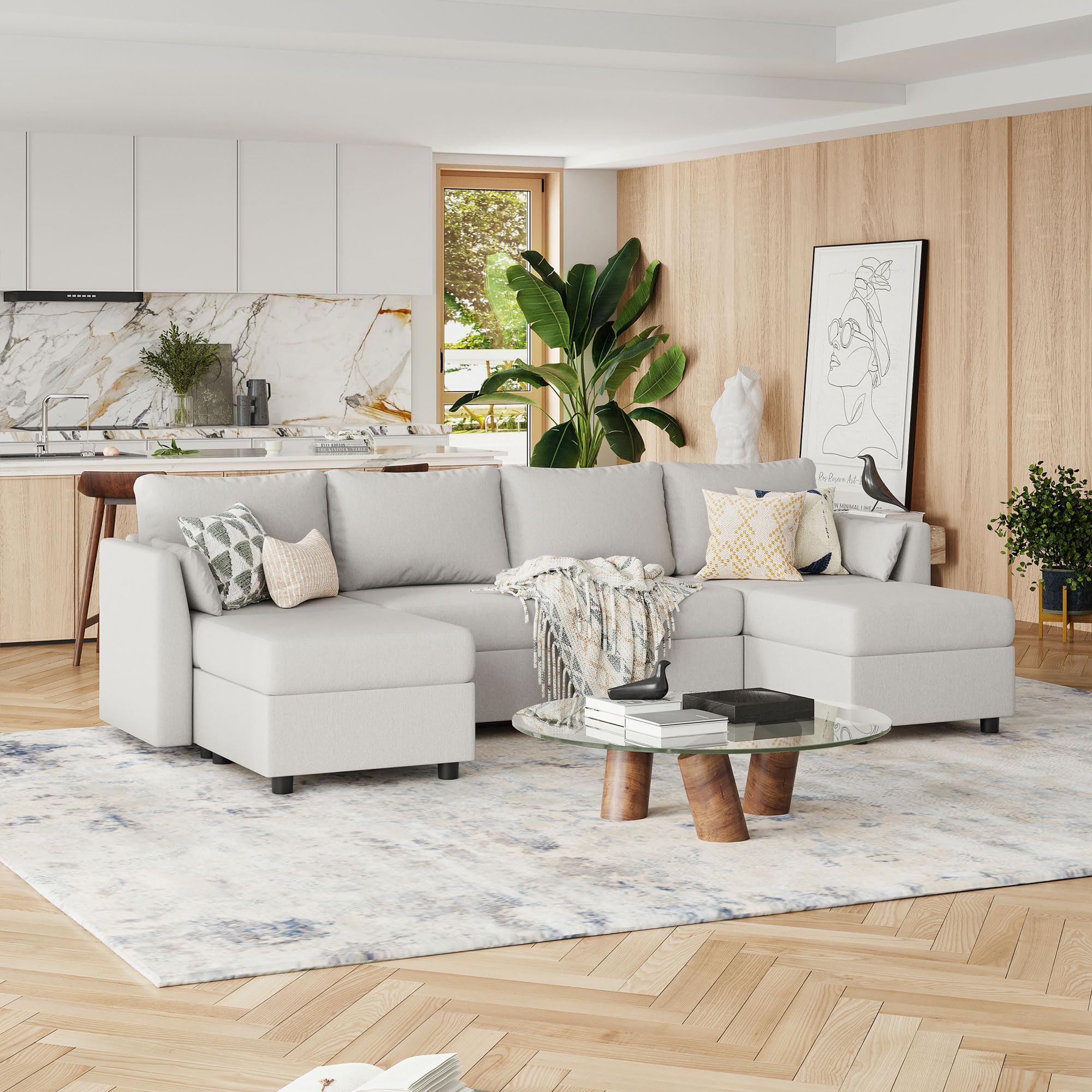 Mangodan Modular Sectional Sofa with Storage, Convertible 6 Seat Sectional Couches for Living Room, U Shaped Sectional Sofa with Chaise, Comfy Sectional Sleeper Sofa, High Supportive sponge-Light Grey