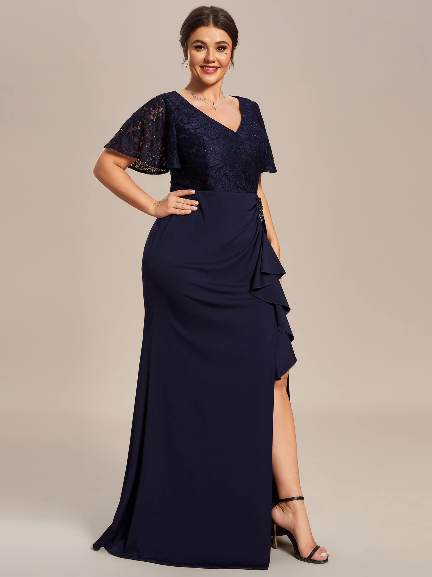 Ever-Pretty Plus Women's Plus Size Lace Top Lotus Leaf Hemline Bodycon Maxi Mother of The Groom Dresses Navy Blue US24