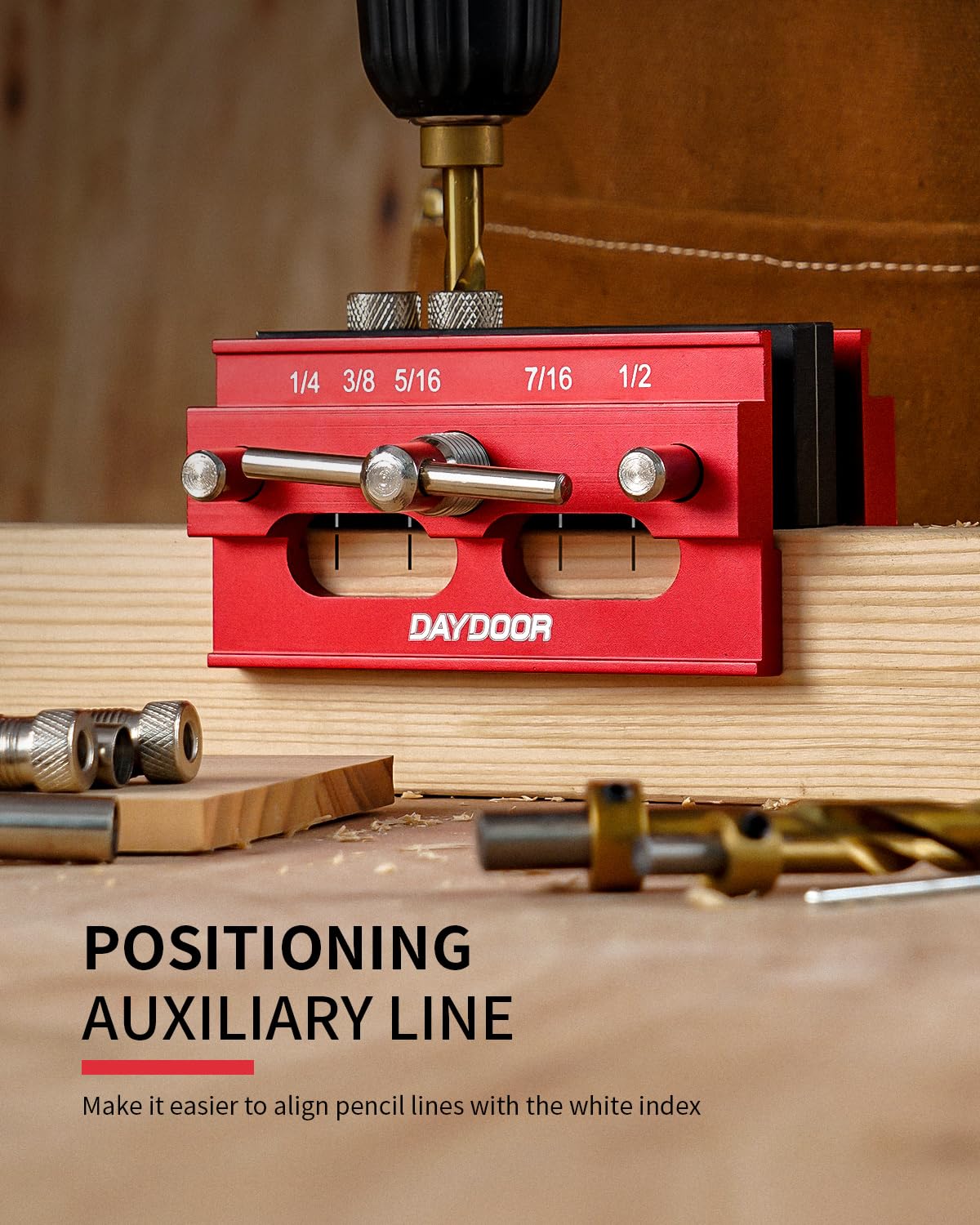 DAYDOOR Self Centering Doweling Jig, Adjustable Width Dowel Jig for Straight Holes, Biscuit Joiner Set with 6 Bushings and 3 Drill Bits(Red)
