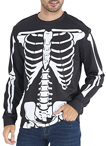 RAISEVERN Mens Halloween Sweatshirts Skeleton Print Funny White Bone Pullover Long Sleeve Shirts Black Cool Holiday Festival Sweater for Women