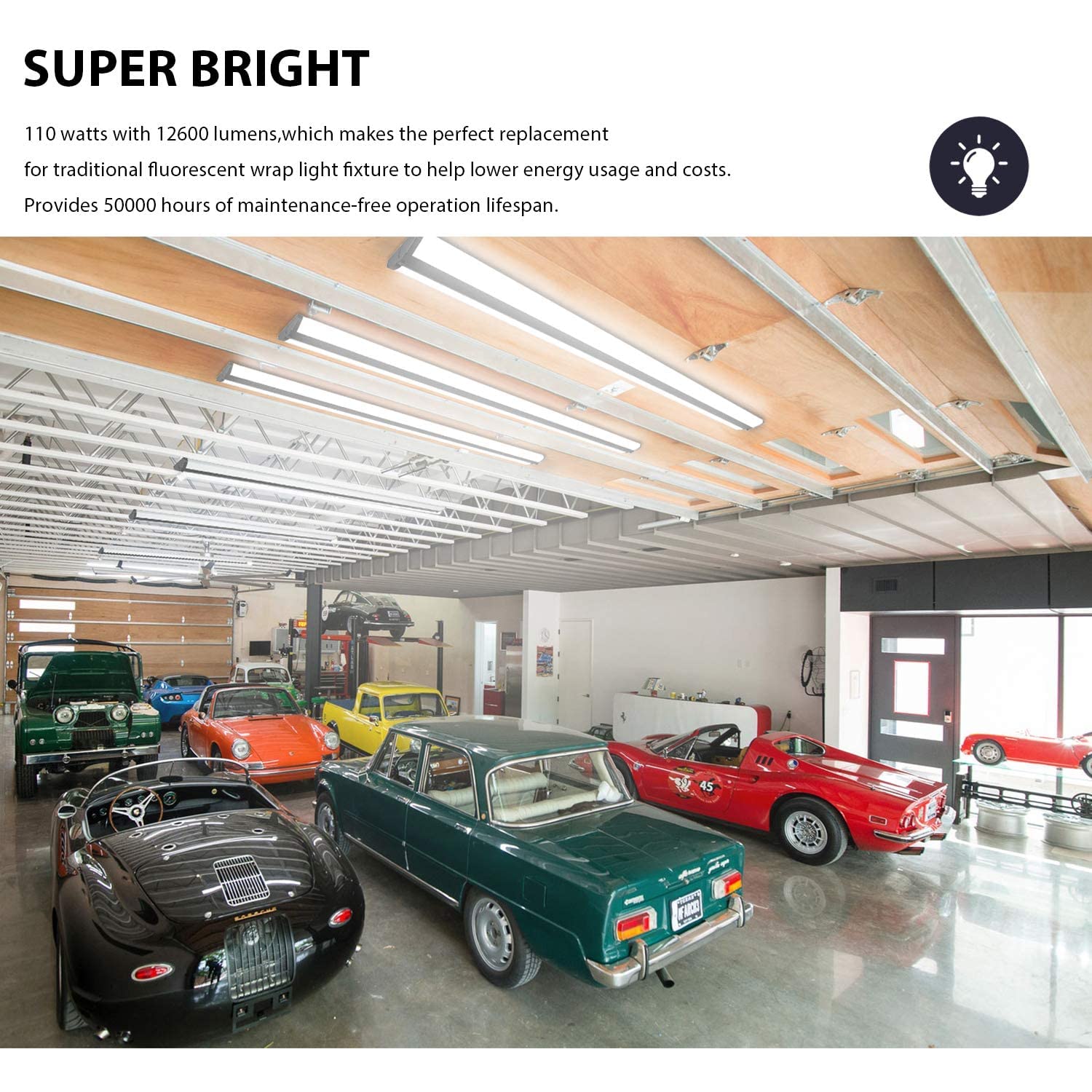 TychoLite 110W 8FT LED Wraparound Light Fixture Ultra Slim LED Shop Lights for Garage, No Glare, 12600 Lumens, 5000K Daylight, 8 Foot Flush Mount Office Ceiling Wrap Light for Workshop, 4 Pack
