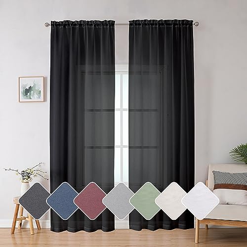 Simplebrand Black Sheer Curtains 84 Inches Long, Light Filtering Rod Pocket Solid Color Window Sheer Curtain Panels, Elegant Curtains & Drapes for Living Room, Bedroom 2 Panels (Black, 42" W x 84" L)