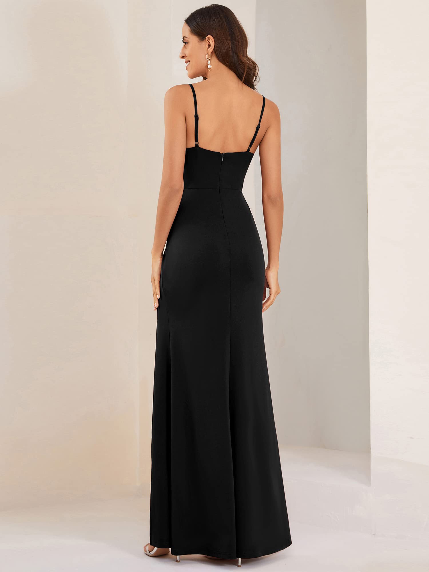 Ever-Pretty Women's Spaghetti Straps V Neck Open Back Bodycon Front Slit Long Evening Dress Black US14