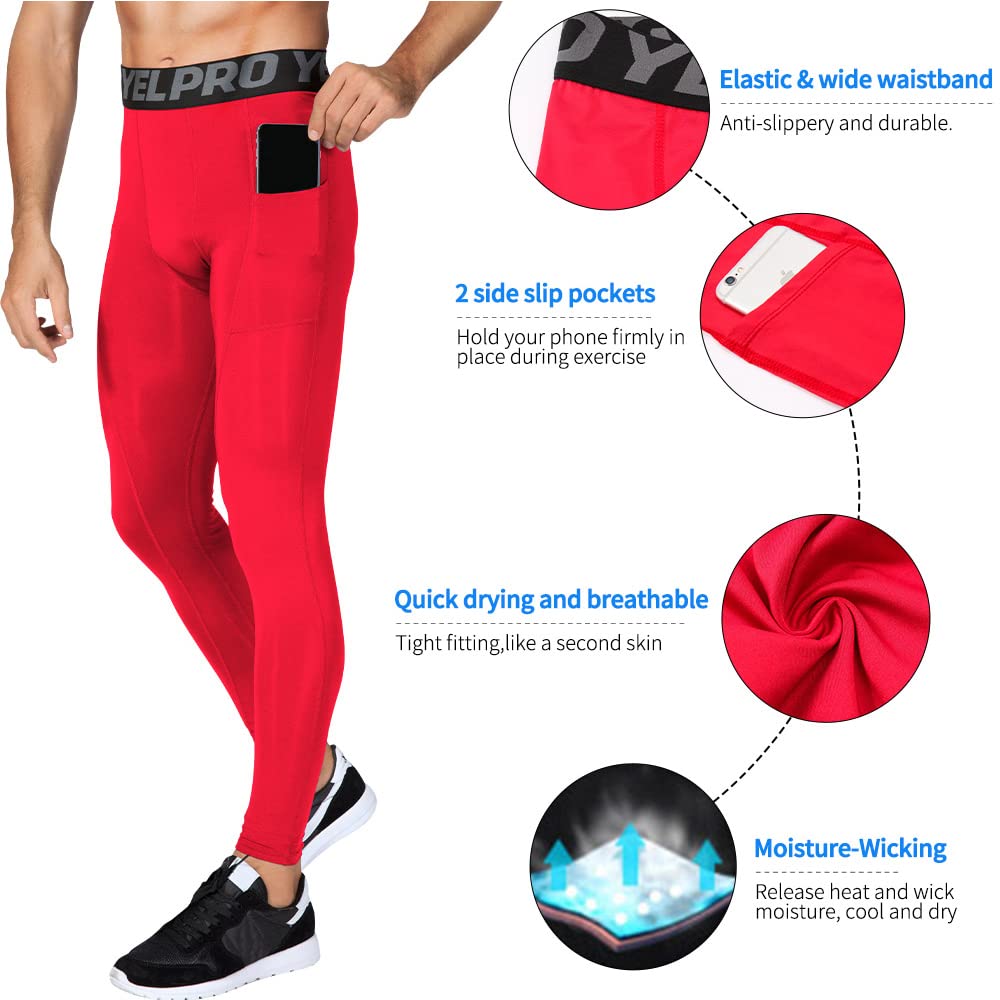 EARGFM Men's Athletic Compression Active Elastic Workout Running Cool Dry Base Layer Pockets Pants, 3 Pack #Red+white+black, Small