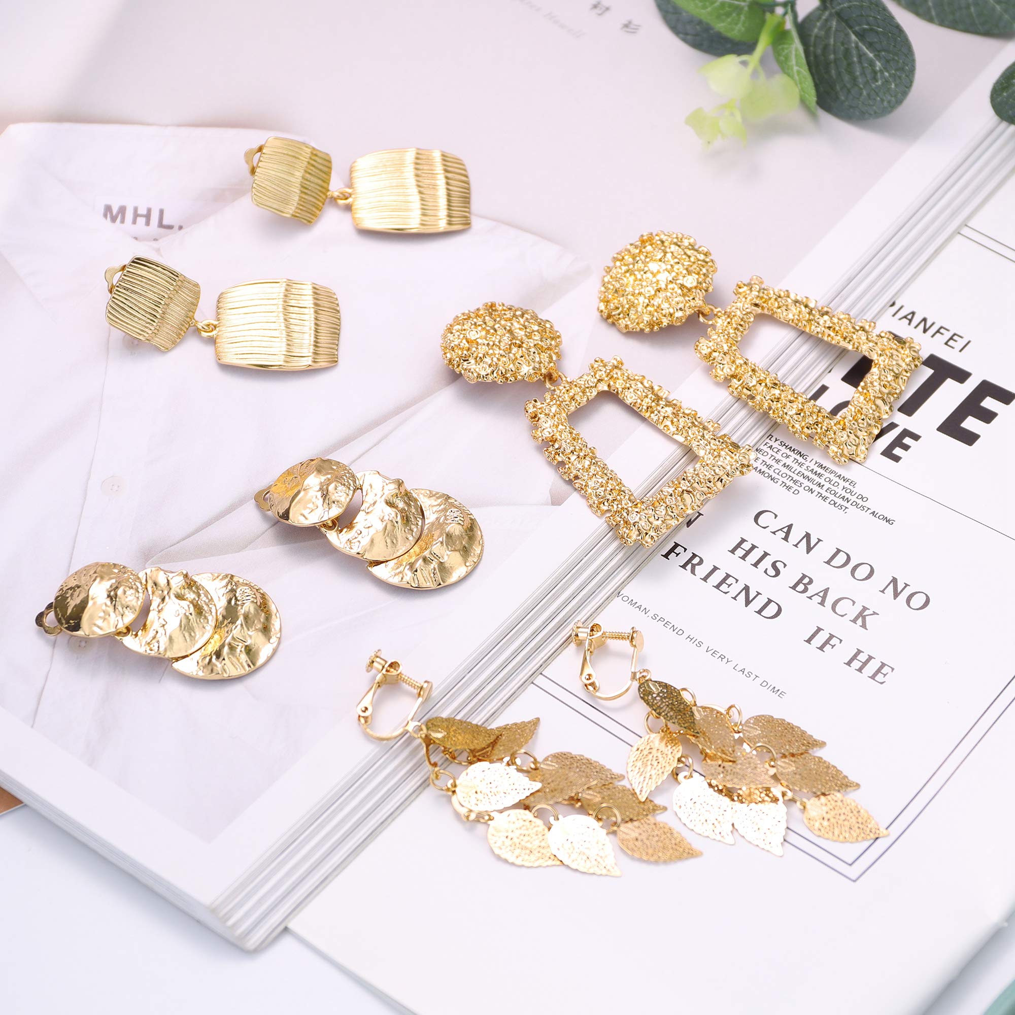 FINREZIO 4-6 Pairs Clip On Drop Earrings Set Leaf Round Trapezoid Square Rectangle Golden Metal Geometric Clipon Earrings-Non Piercing Dangle Earrings