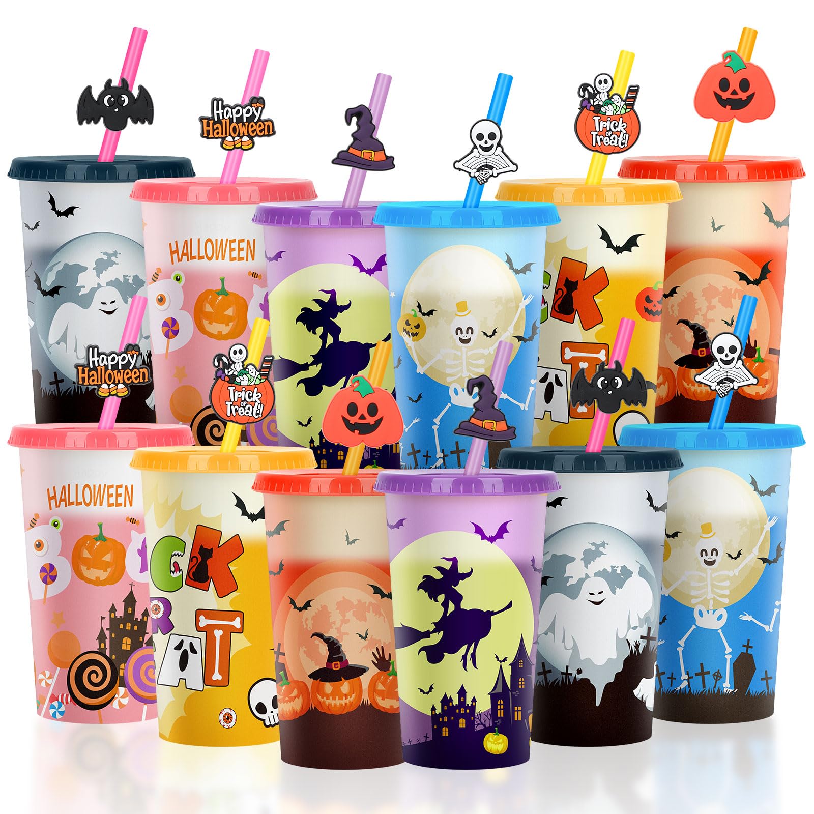 Jansun 12pcs Halloween Color Changing Cups with Lids and Straws 12Oz Reusable Plastic Cups for Party Decorations Halloween Cups for Halloween Party Favors Supplies