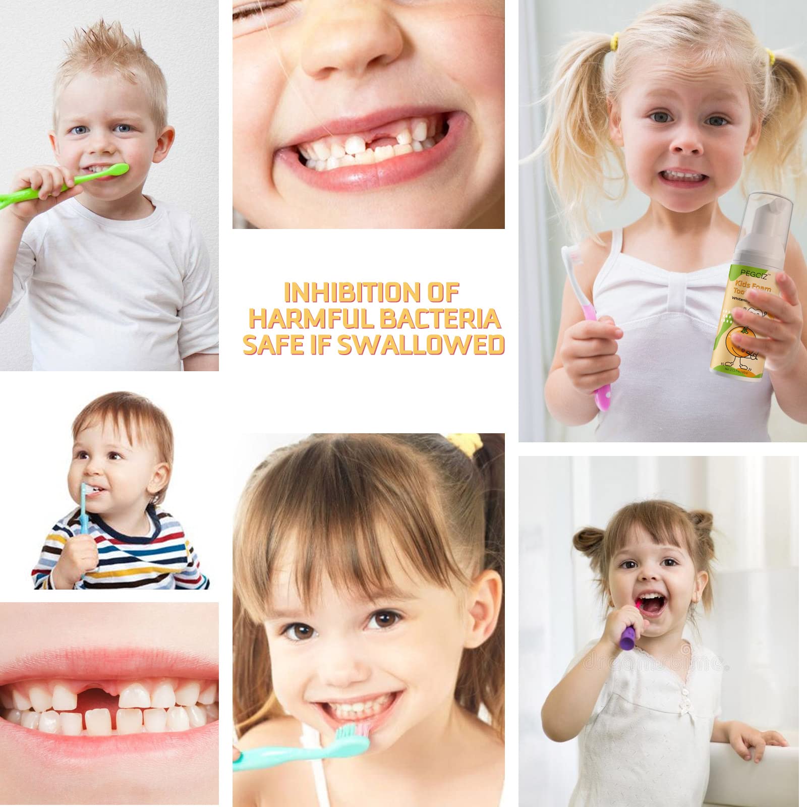 Foam Toothpaste Kids 6 Pack, Toddler Toothpaste with Low Fluoride for U Shaped Toothbrush, Foaming Toothpaste and Mouthwash for Dental Care for Children