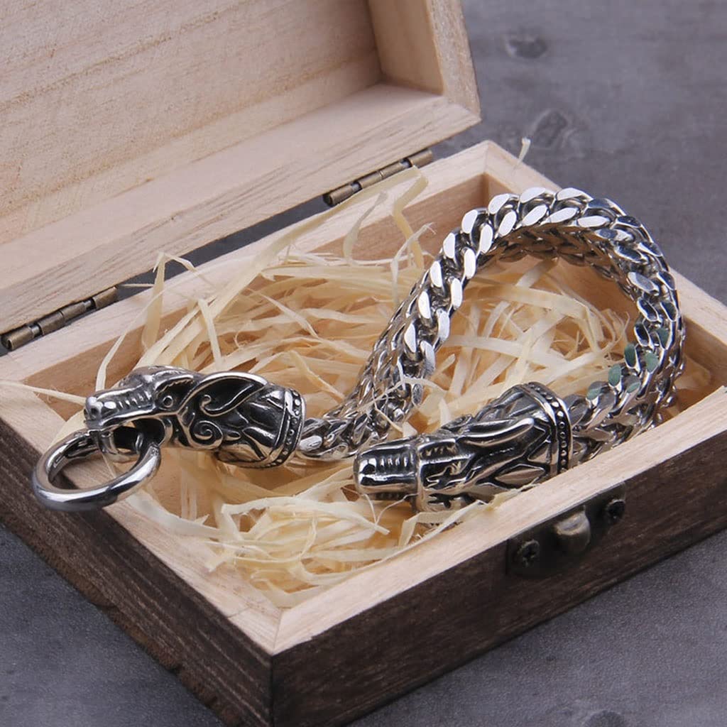 DUSALA Viking Wolf Head Bracelet, Heavy Stainless Steel Chain, Norse Scandinavian Jewelry (Color : Silver, Size : 23CM)