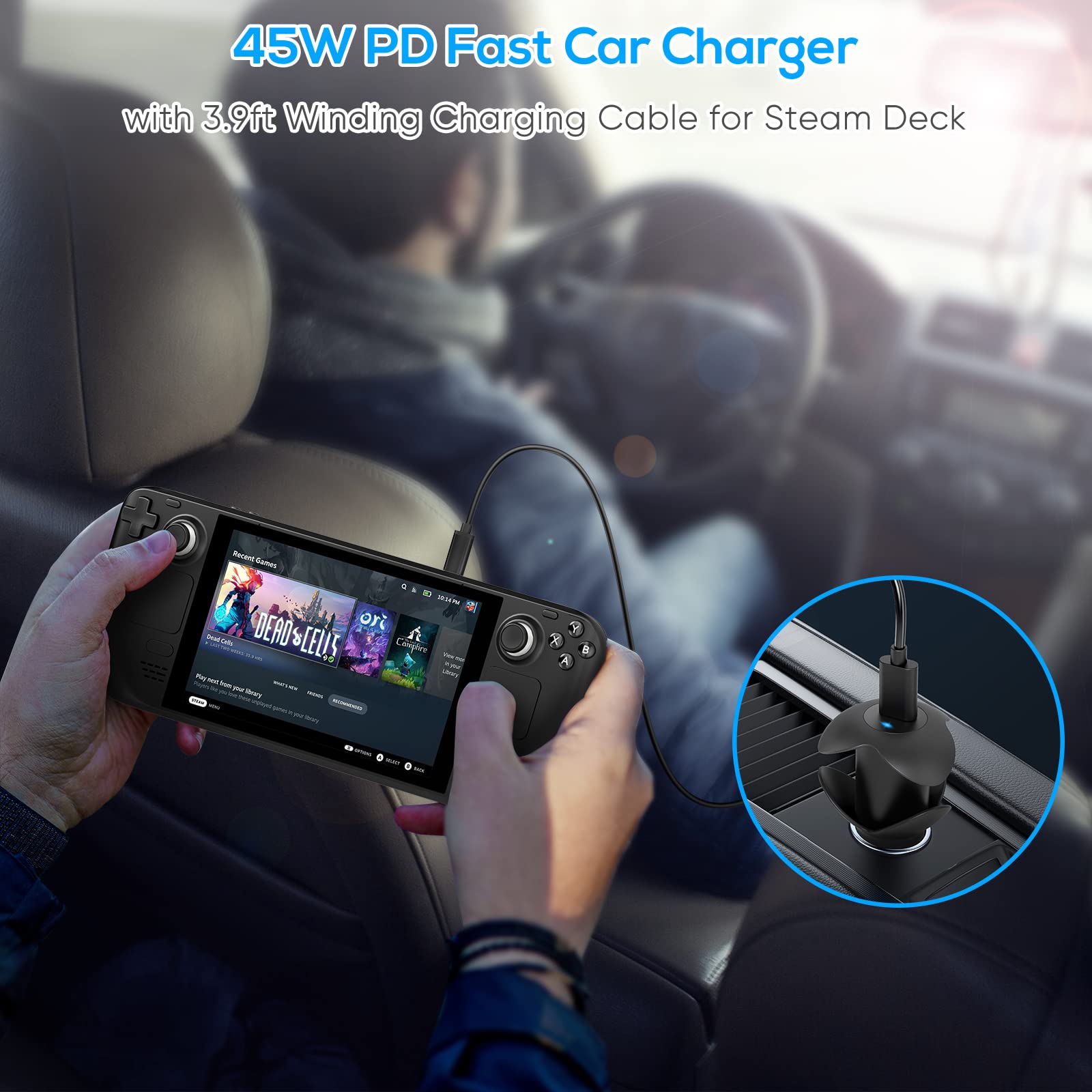 Fast Car Charger for Steam Deck with Winding Cable Device, MENEEA 45W PD 3.0 Mini Charger with 3.9ft USB C Charging Cable, Accessories for Steam Deck/Nintendo Switch/Lite/PS5 Controller/Phone/Tablet