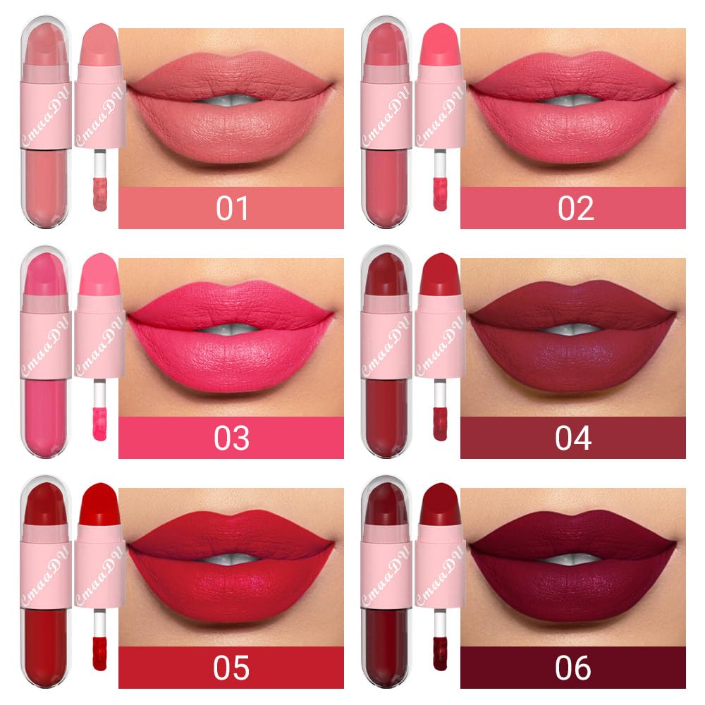 evpct 2 In 1 Matte Lipstick & Liquid Lipstick 6Pcs Set for Women, Dark Ruby Red Nude Beige Hot Pink Mauve Matte Vegan Long Wear Pink Lipstick Waterproof Long Lasting 24 Hour Lipstick Lip Gloss Stain