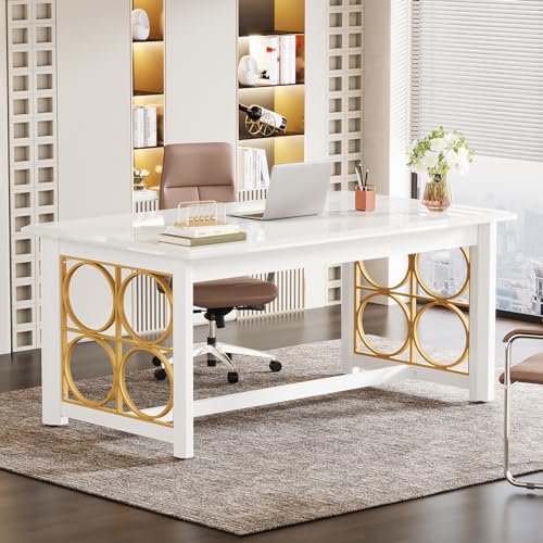 LITTLE TREE 63-inch White Executive Desk, Modern Office Desk with Stable Gold Metal Legs, Large Office Computer Desk, Home Office Business Furniture, Glossy White
