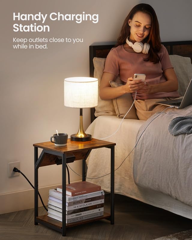 VASAGLE Side Table with Charging Station, End Table with USB Ports and Outlets, Nightstand for Living Room, Bedroom, Plug-in Series, Rustic Brown and Black ULET371B01