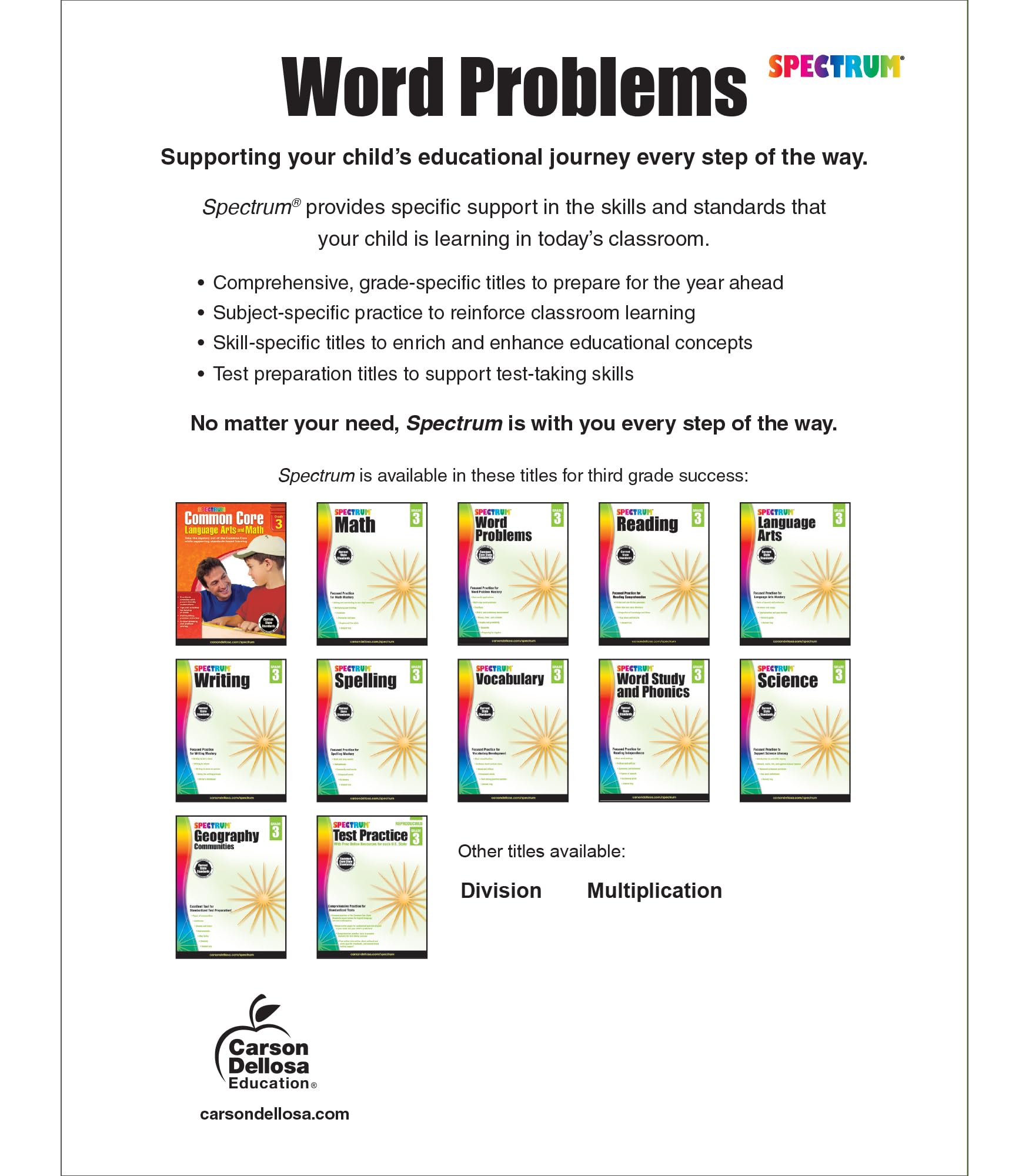 Spectrum Math Word Problems Grade 3 Workbook, Ages 8 to 9, 3rd Grade Math Word Problems, Fractions, Algebra Prep, Geometry, Multi-Step Word Problems, Money, and Time - 128 Pages