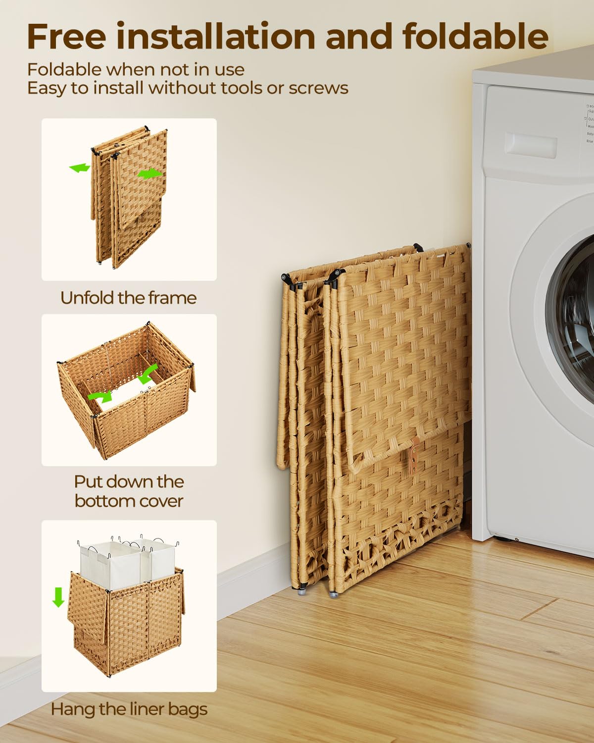 Greenstell Laundry Hamper with Lid and 2 & 1 Removable Liner Bags, No Install Needed, 130L Collapsible Laundry Basket, Wicker Clothes Hamper with Handles, Hamper for Bedroom, Bathroom, Goose Yellow