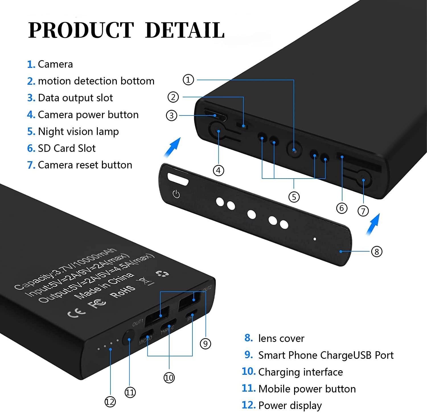 Spy Hidden Camera Power Bank,10000mAh Portable Security Camera Nanny Cam,HD 1080P Video Recording Charger Camera for Home Office,Night Vision/Motion Detection/10+Hours Recording/No WiFi Needed