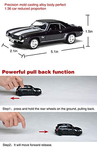 Tianmei 1:32 Scale Supercar Styling Alloy Die-Cast Car Model Collection Decoration Ornaments, Kids Play Vehicle Toys with Pull Back Action and Open Doors (Camaro 1969 - Black)