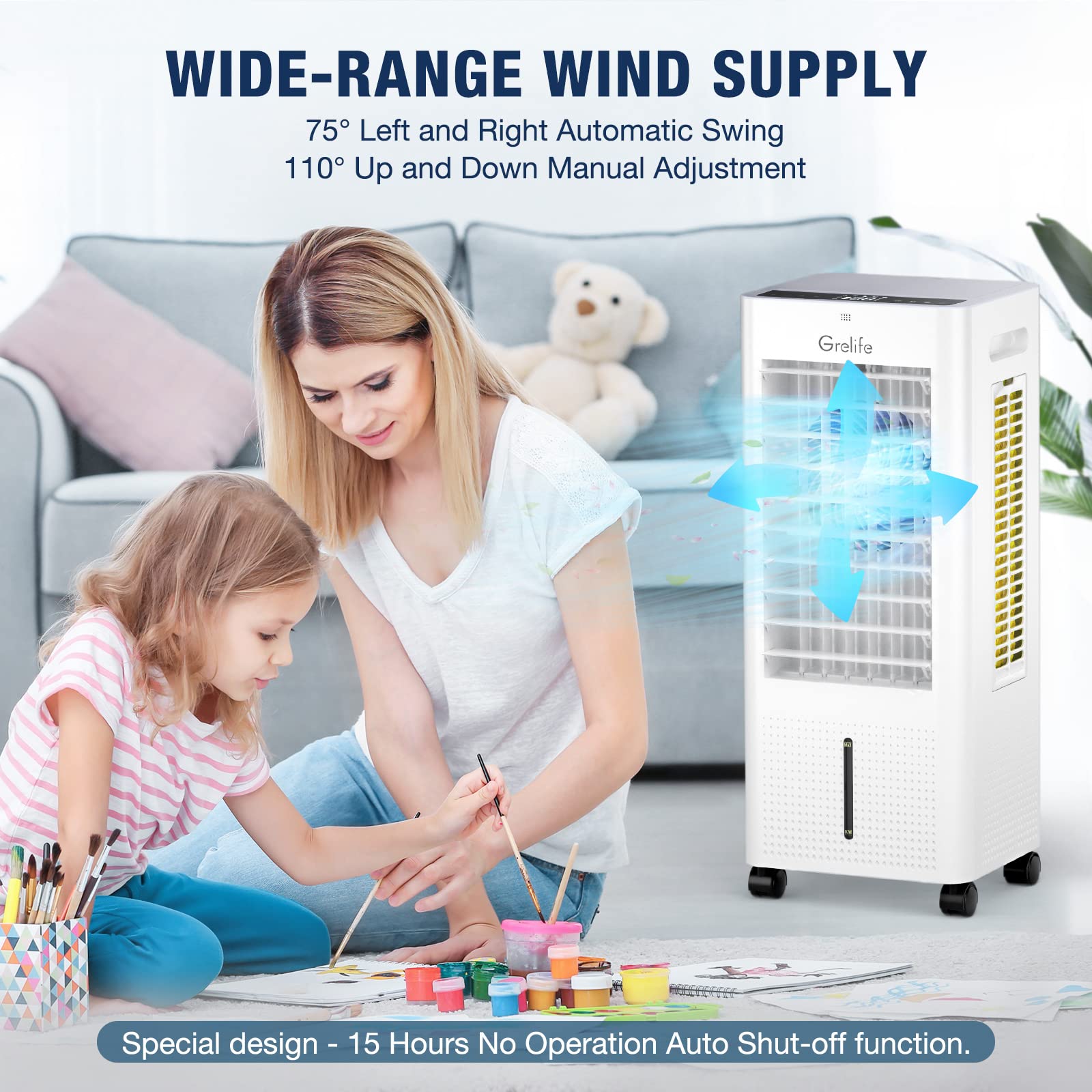Grelife Evaporative Air Cooler, Portable Cooling Fan with 75° Oscillating, Humidifying, 1.58Gal Water Tank, 4 Ice Packs, Remote Control, 3 Speeds, Personal Swamp Cooler for Home Office