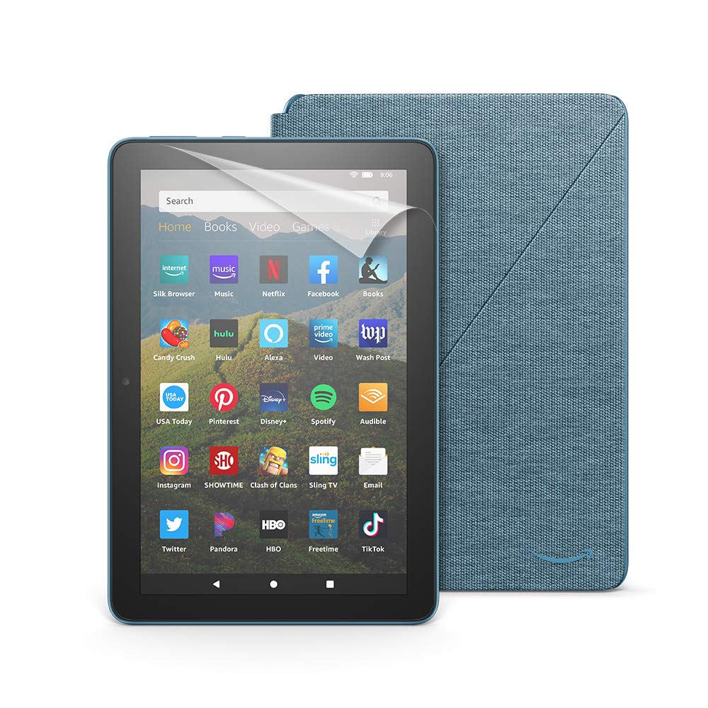 Fire HD 8 Essentials Bundle including Fire HD 8 Tablet (Twilight Blue, 64GB) Ad-Supported, Amazon Standing Case (Twilight Blue), and Nupro Clear Screen Protector