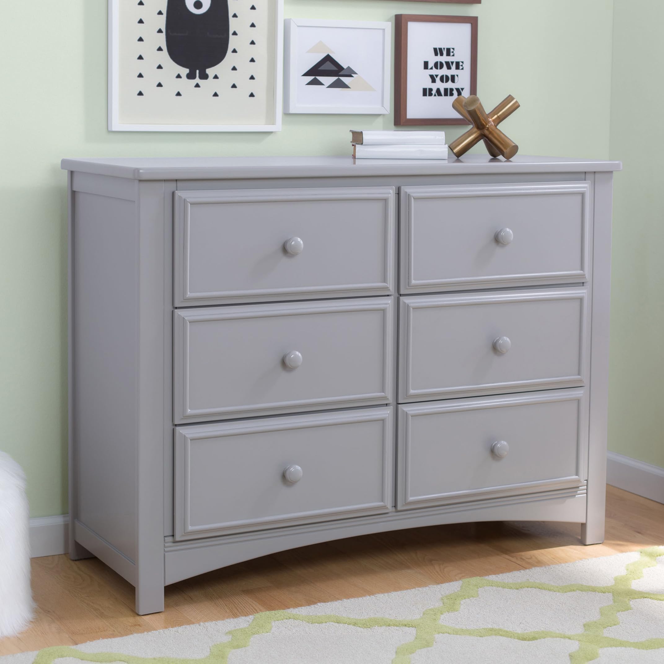 Delta Children Unisex Nursery 6 Drawer Double Dresser, Greenguard Gold Certified, Grey,