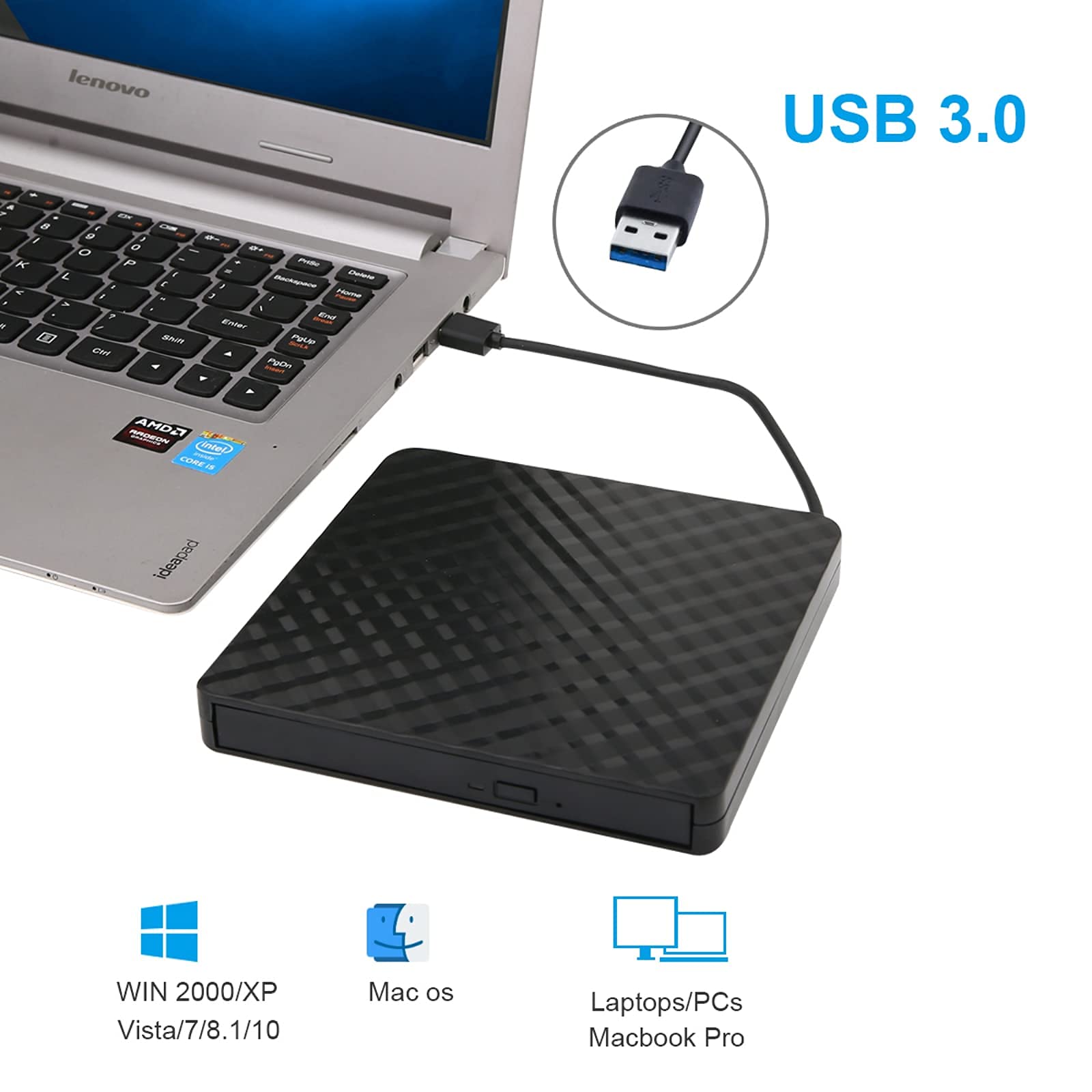 External CD Drive, USB 3.0 Portable CD/DVD +/-RW Drive DVD/CD ROM Rewriter Burner Compatible with Laptop Desktop PC Windows Linux Apple Mac