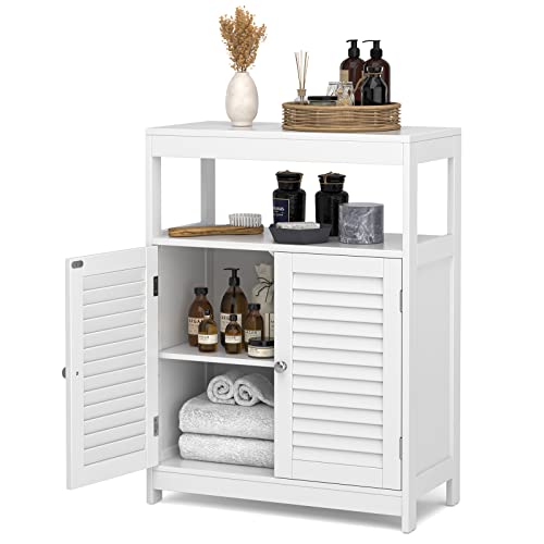 Tangkula Bathroom Storage Floor Cabinet, Free Standing Storage Cabinet with Double Shutter Doors and 3-Position Adjustable Shelves, Wooden Storage Cabinet Organizer for Bathroom, Living Room (White)