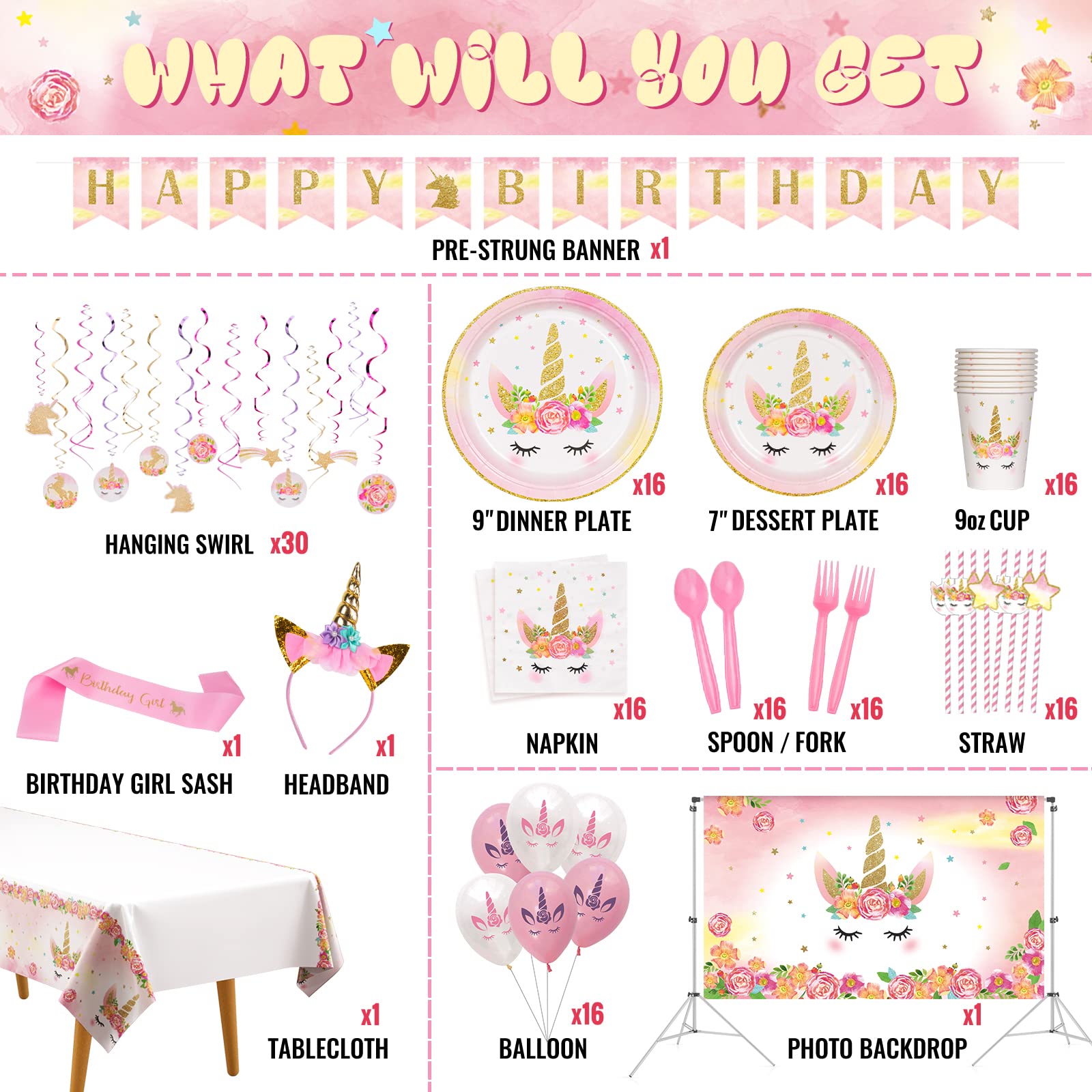 Ultimate Unicorn Birthday Decorations for Girls with Backdrop and Hanging Swirls, Plates and Napkins Party Supplies Serves 16
