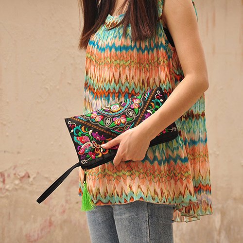Polytree Women's Retro Ethnic Embroider Wallet (Butterfly Flower)