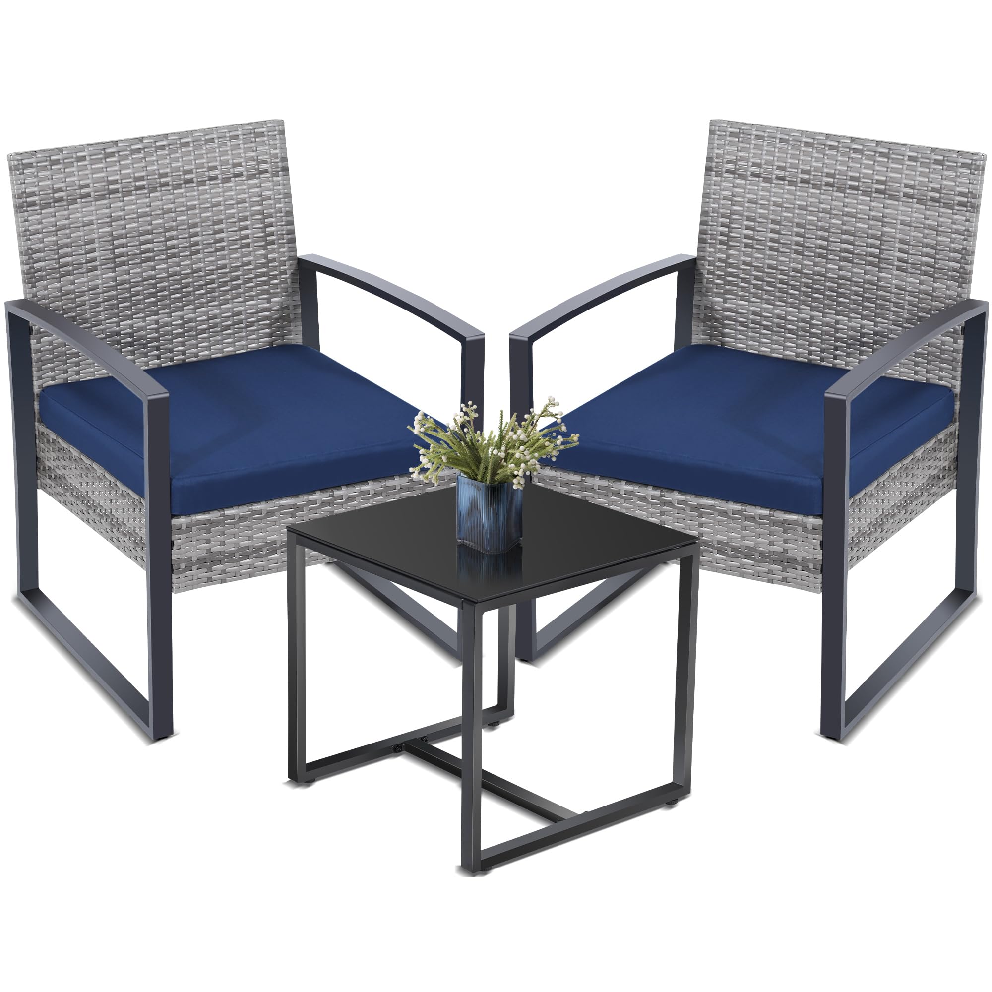 Murago 3 Pieces Patio Outdoor Wicker Bistro Furniture Set, Conversation Set, 2 Chairs Plus Table, for Porch, Balcony, Patio, Grey Frame with Blue Cushion