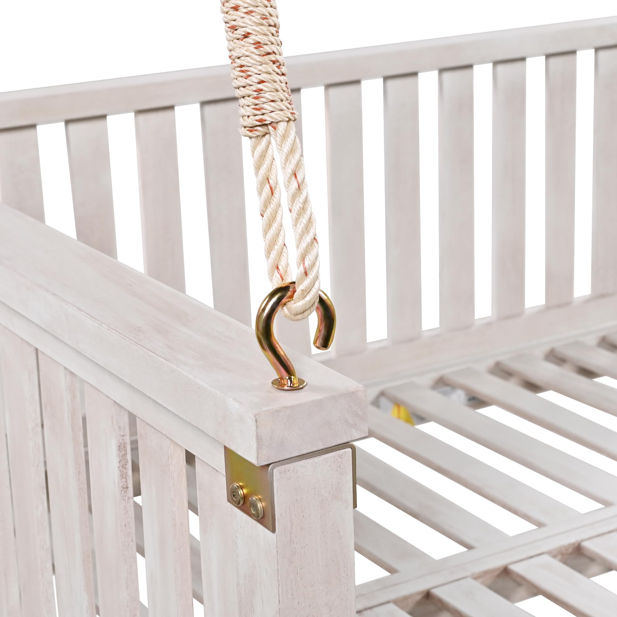 Patio Minimalist Twin Size Garden Swing Bed Wood Porch Swing with Ropes for Backyard, Safe Sloped Design (White)