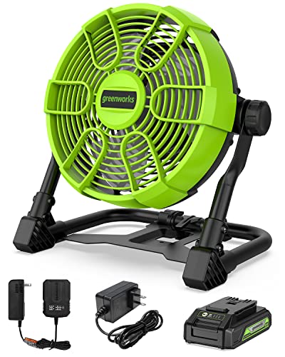 Greenworks 24V 10" (5-Speed) Fan (500 CFM), Hybrid (AC / DC), 2.0 Ah USB (Power Bank) Battery and Charger Included