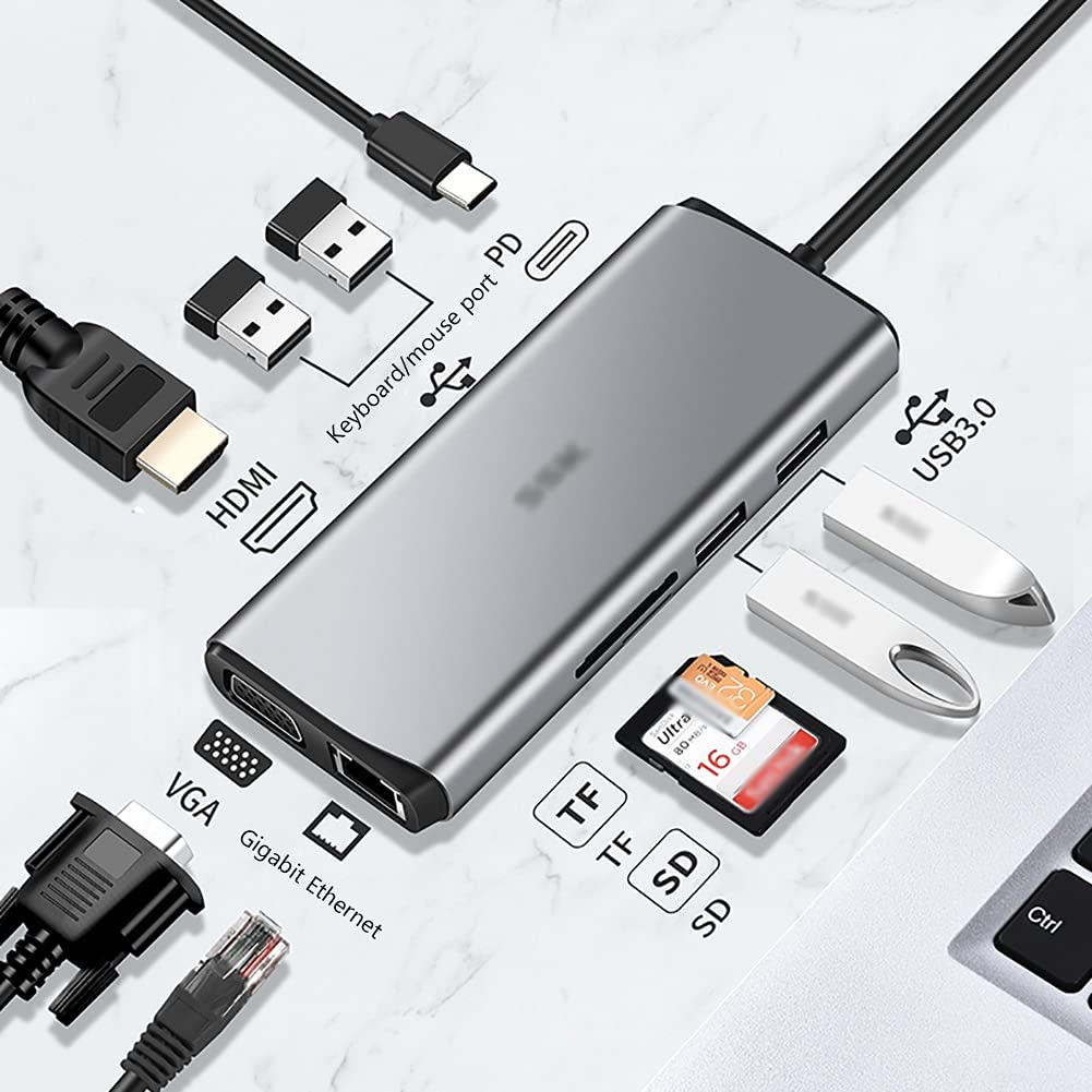 Hub Dock Adapter USB C Hub 10-in-1 with HDMI, VGA, 2 USB 3.0 Ports, 2 Keyboard/Mouse Ports, PD 3.0 Ports, Ethernet and SD/TF Cards Reader Computer Accessories