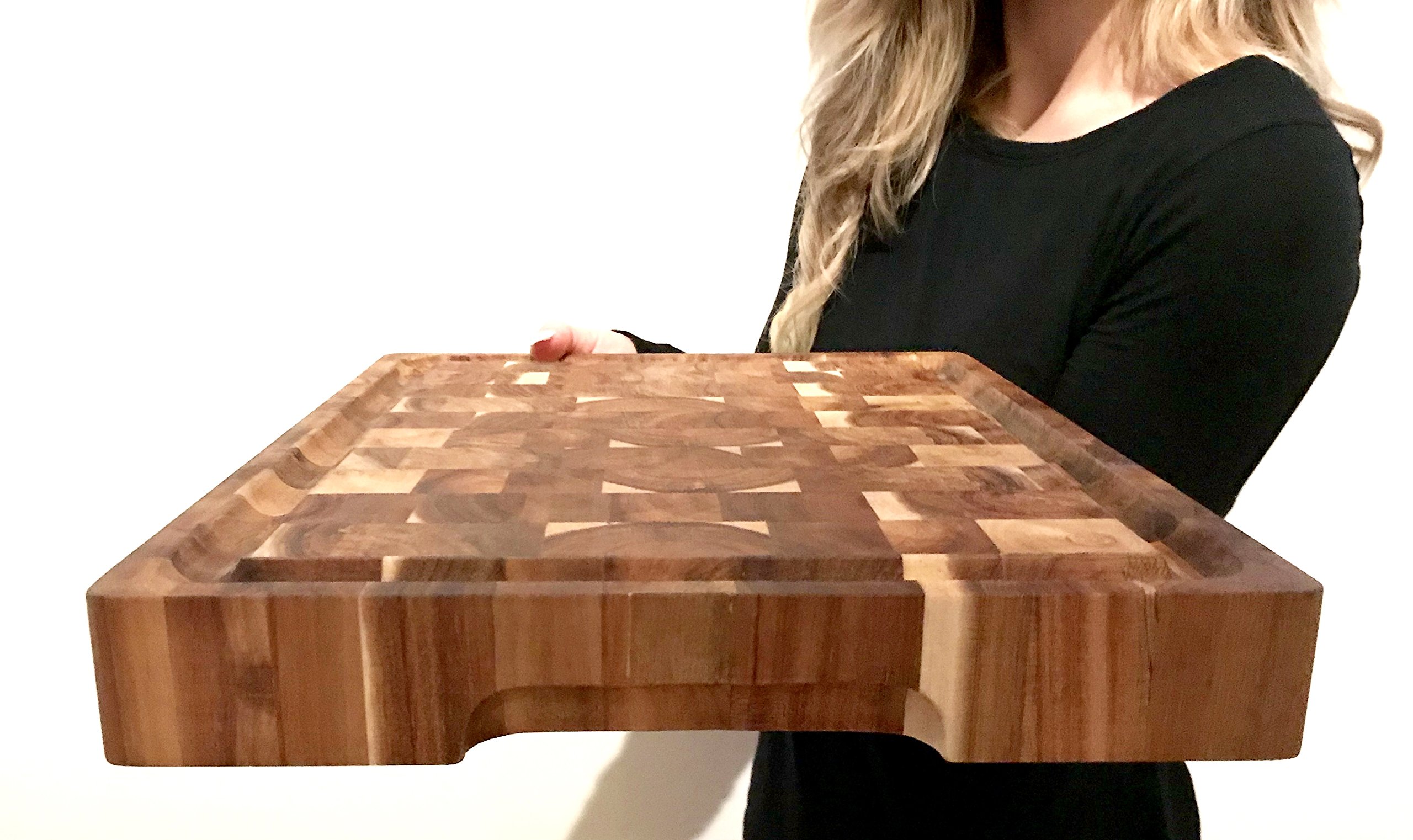 Hardwood Chef Premium Thick Acacia Wood End Grain Cutting Board Butcher Block with Groove, 16 x 12 x 1 3/4 in | For Chopping & Serving Cheese | (Gift Box Included) with BONUS e-Book
