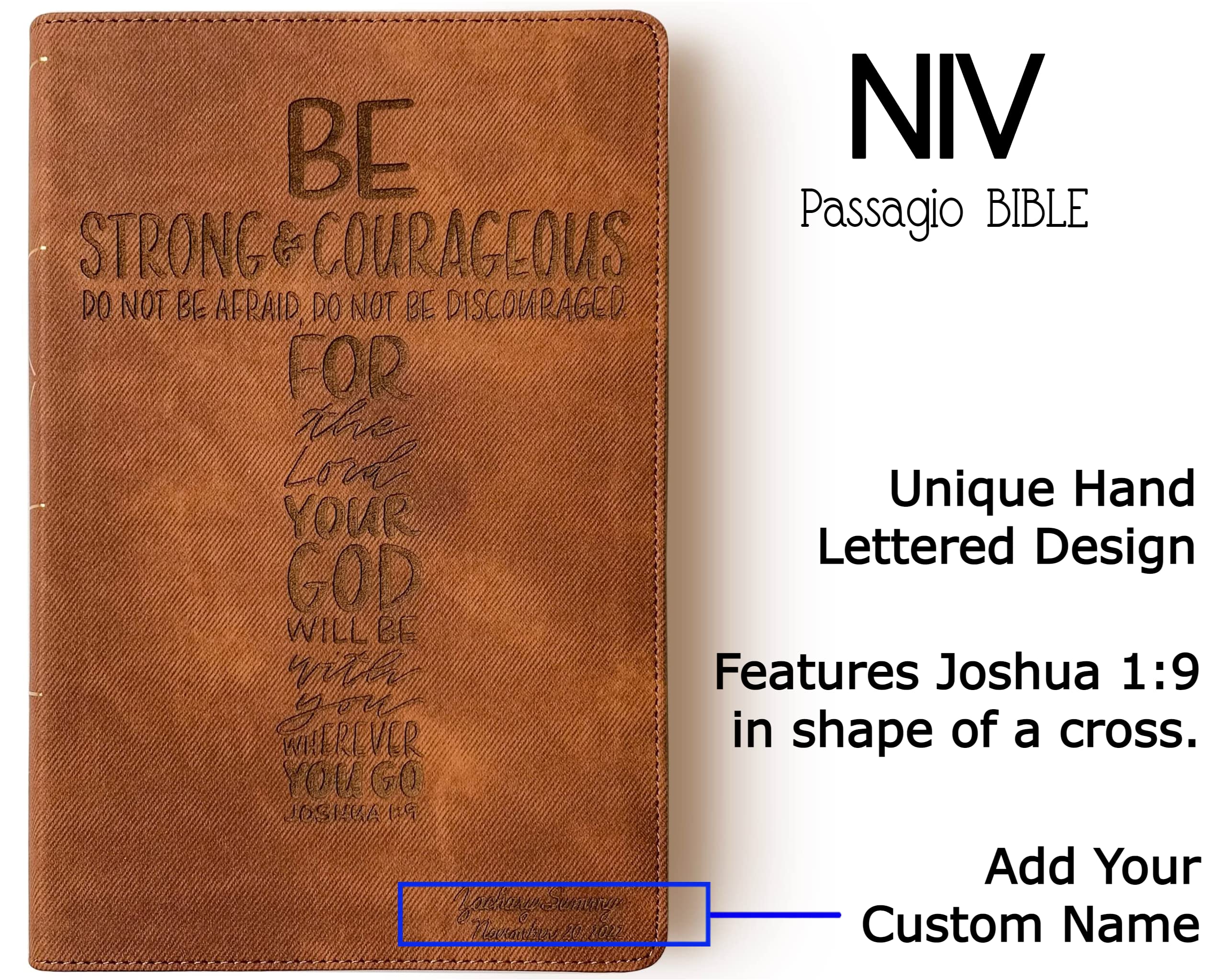 Hand Lettered and Laser Engraved NIV Passaggio Bible, Brown, Custom Name Engraving Available, Personalized Gift for Wedding, Baptism, Graduation or Birthday