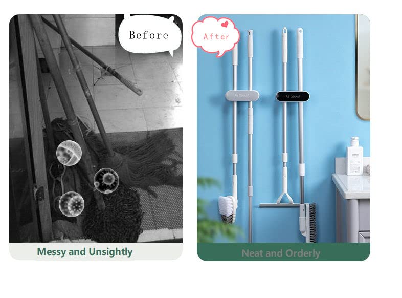 Mop and Broom Holder,Broom and Dustpan Hanger Holder Wall Mount Waterproof Heavy Duty Self Adhesive Gripper No-Drilling,Space Saver Tool Organizers For Kitchen,Garage,Bathroom,Laundry Room(White)
