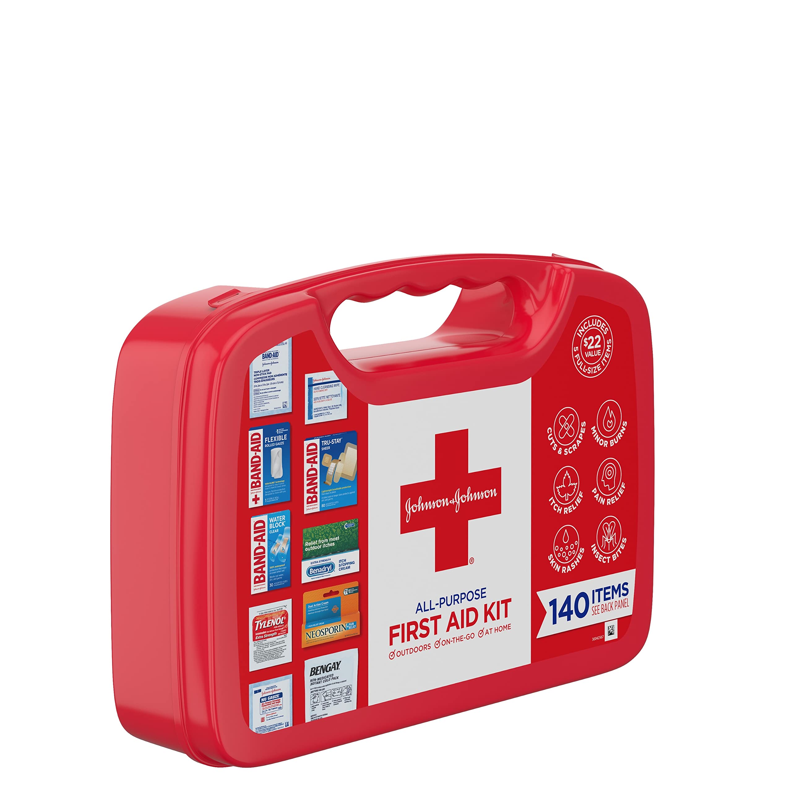 Johnson & Johnson All-Purpose Portable Compact First Aid Kit for Minor Cuts, Scrapes, Sprains & Burns, Ideal for Home, Car, Travel and Outdoor Emergencies, 140 Pieces