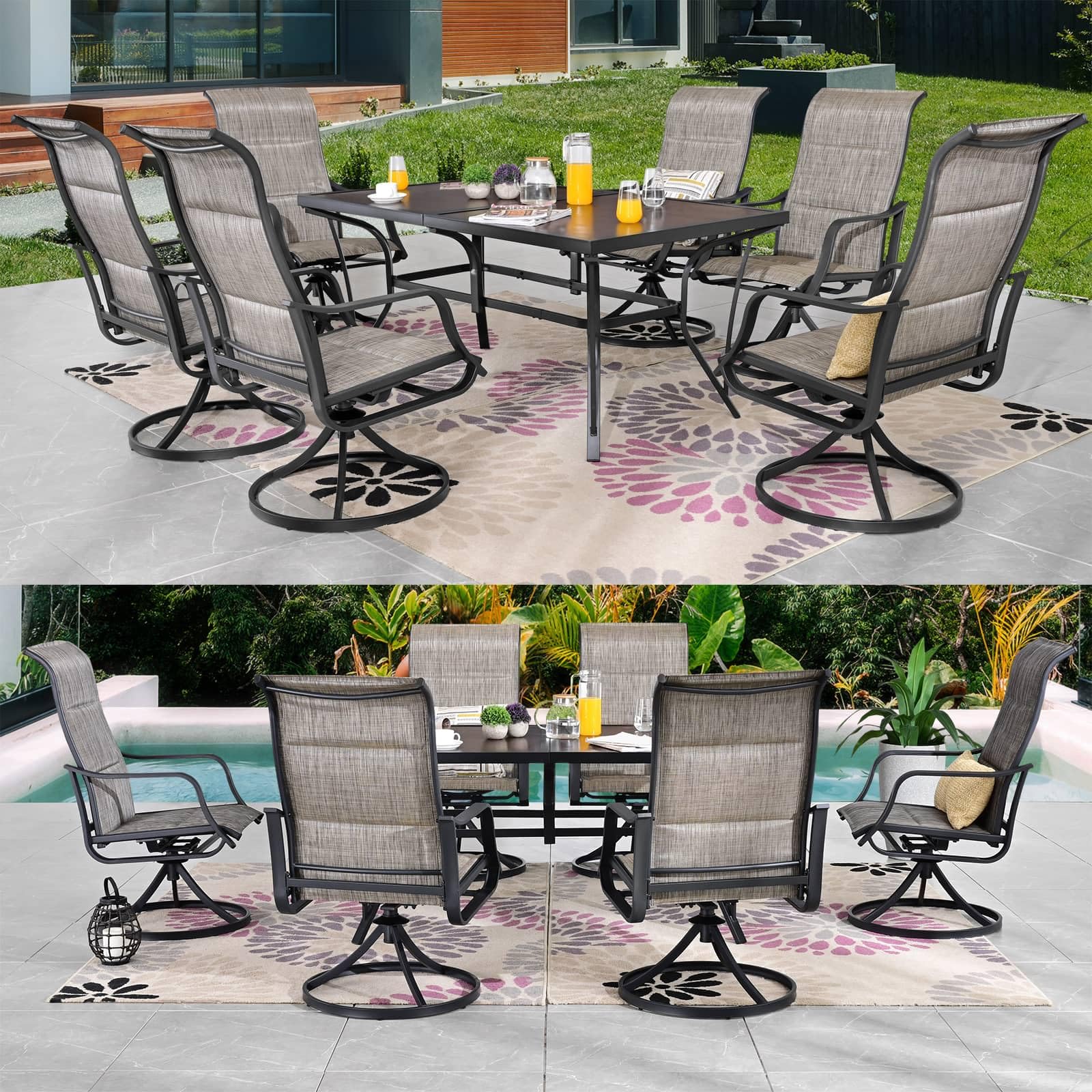 PatioFestival Patio Dining Set 7 Pieces Metal Outdoor Furniture Sets with Swivel Chairs Rectangular Outdoor Table (Grey)