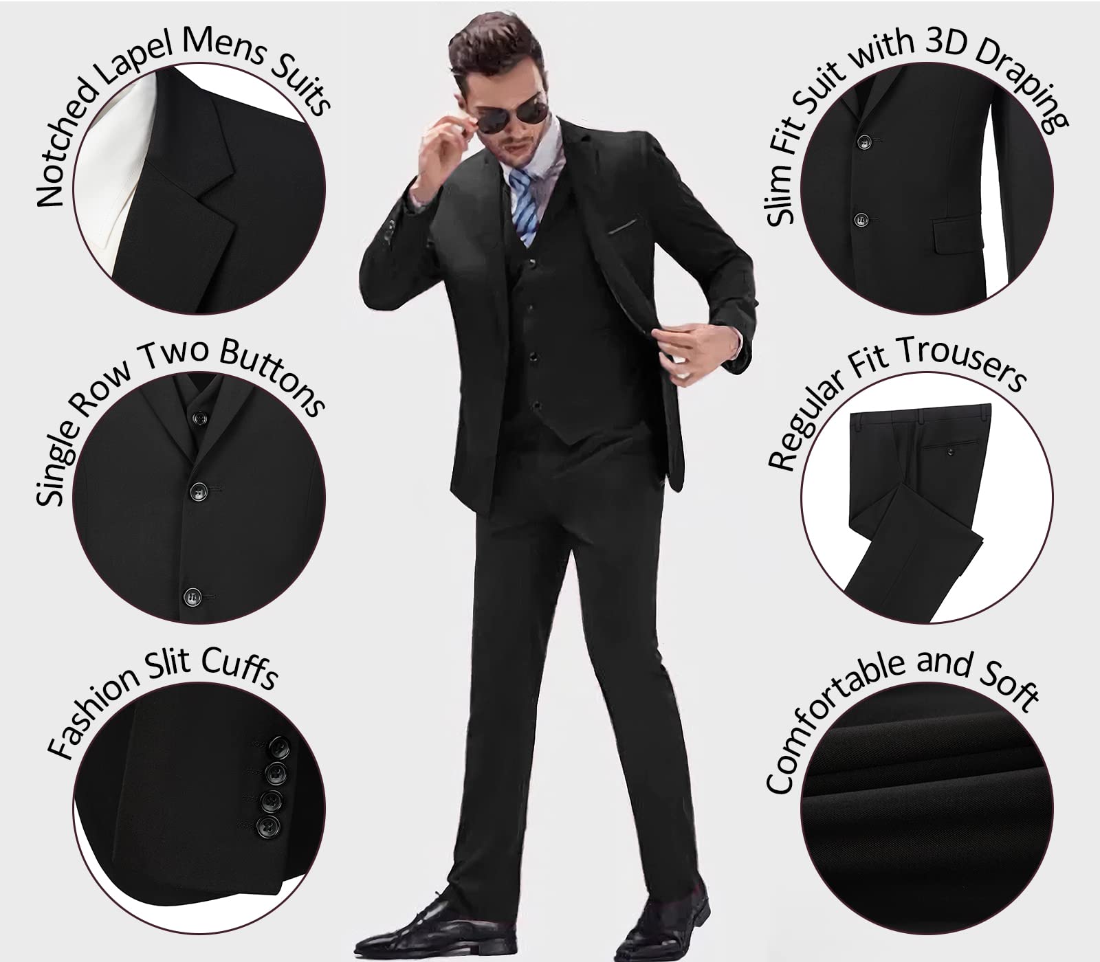 DOISPON Mens Suits 3-Piece Suit Shawl Lapel Two Button Tux Slim Fit Formal Wedding Prom Suits Jacket Vest Pants Black XX-Large