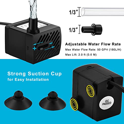 PULACO 50GPH 3W Mini Submersible Water Pump for Aquariums, Fish Tank, Pond, Fountain, Hydroponics