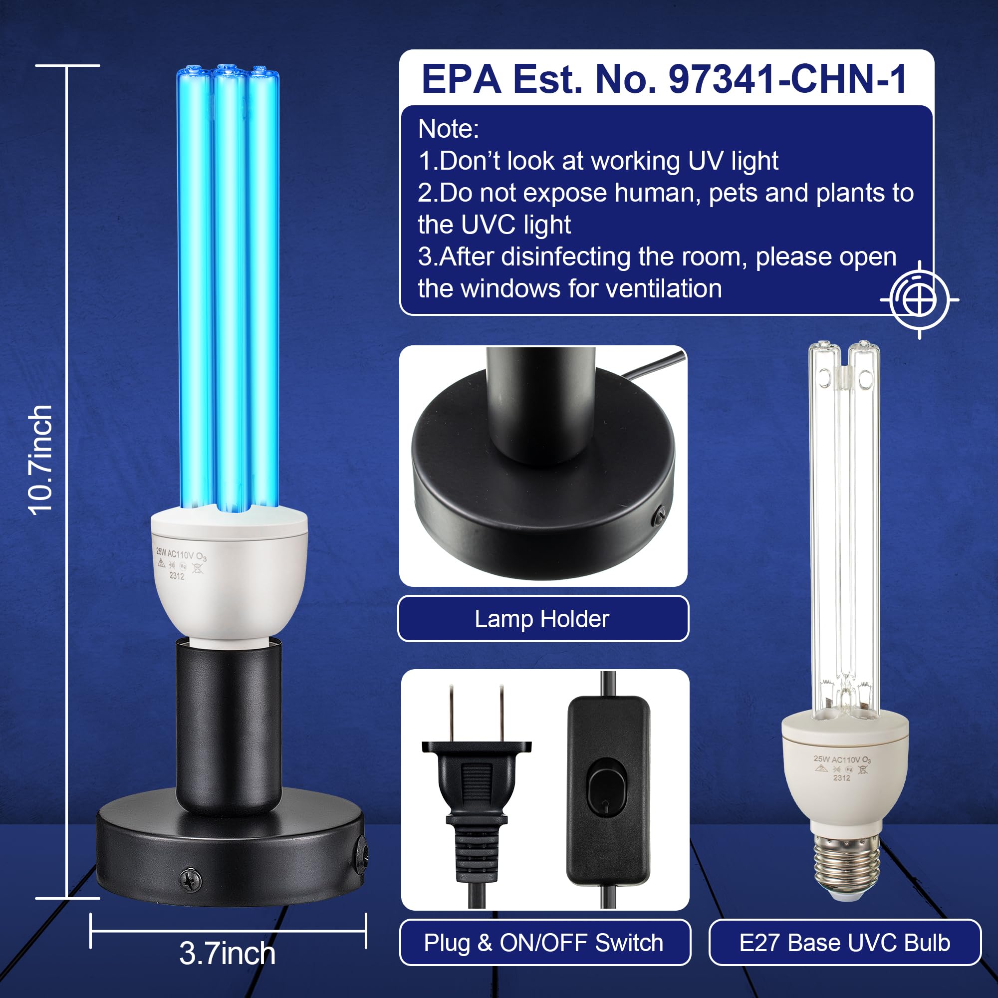 Qualirey 25 Watt UV Light, UVC Lamp with E27 Base and Replacement UVC Bulb, UV Light Bulb for Basement/Bedroom/Kitchen, with Ozone