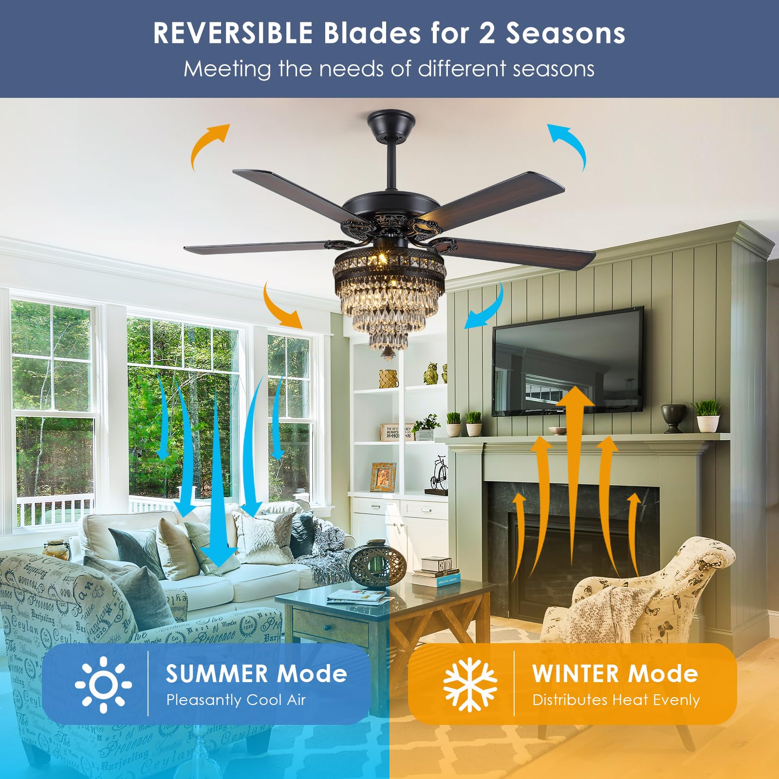 Crystal Ceiling Fan Fandelier with Lights - Modern Outdoor Fans with Remote Control,Noiseless AC Motor, Retro/Farmhouse Lighting, Dining Room, Living Room (52"