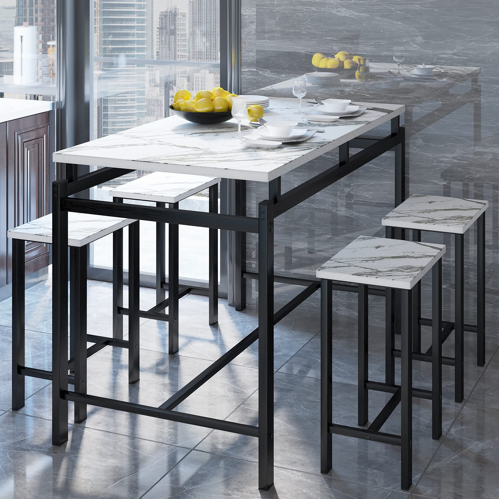 Dining Table Set for 4, 5 Pieces Kitchen Table and Chairs for Small Spaces, Bar Table and Chairs Set, Person Counter Height Table Set with 4 Chairs for Pub Restaurant Dinner Breakfast(White Statuario)