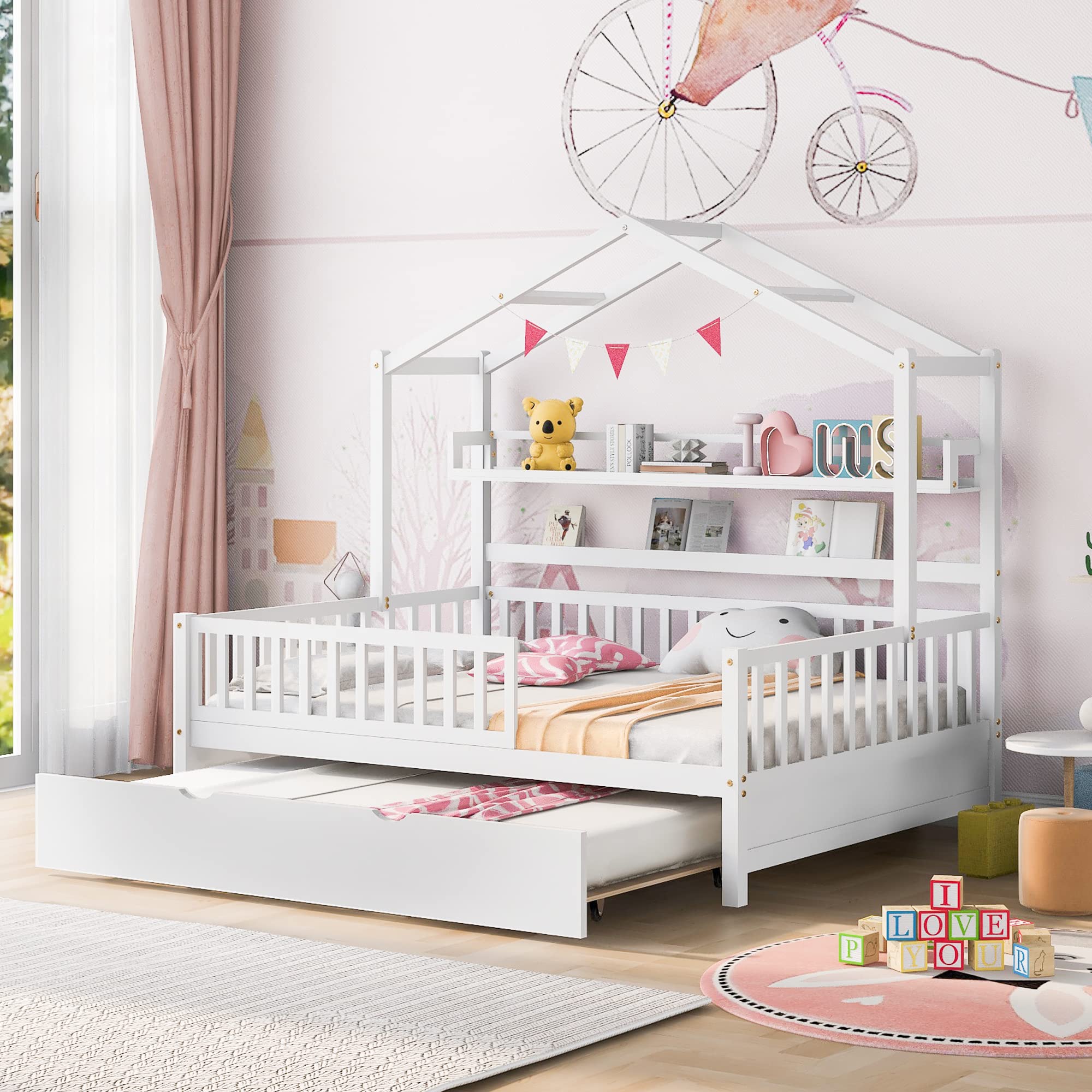 Merax Full Size House Bed with Trundle, Wooden Full Size Platform Bed Frame with Shelf, No Box Spring Needed, White
