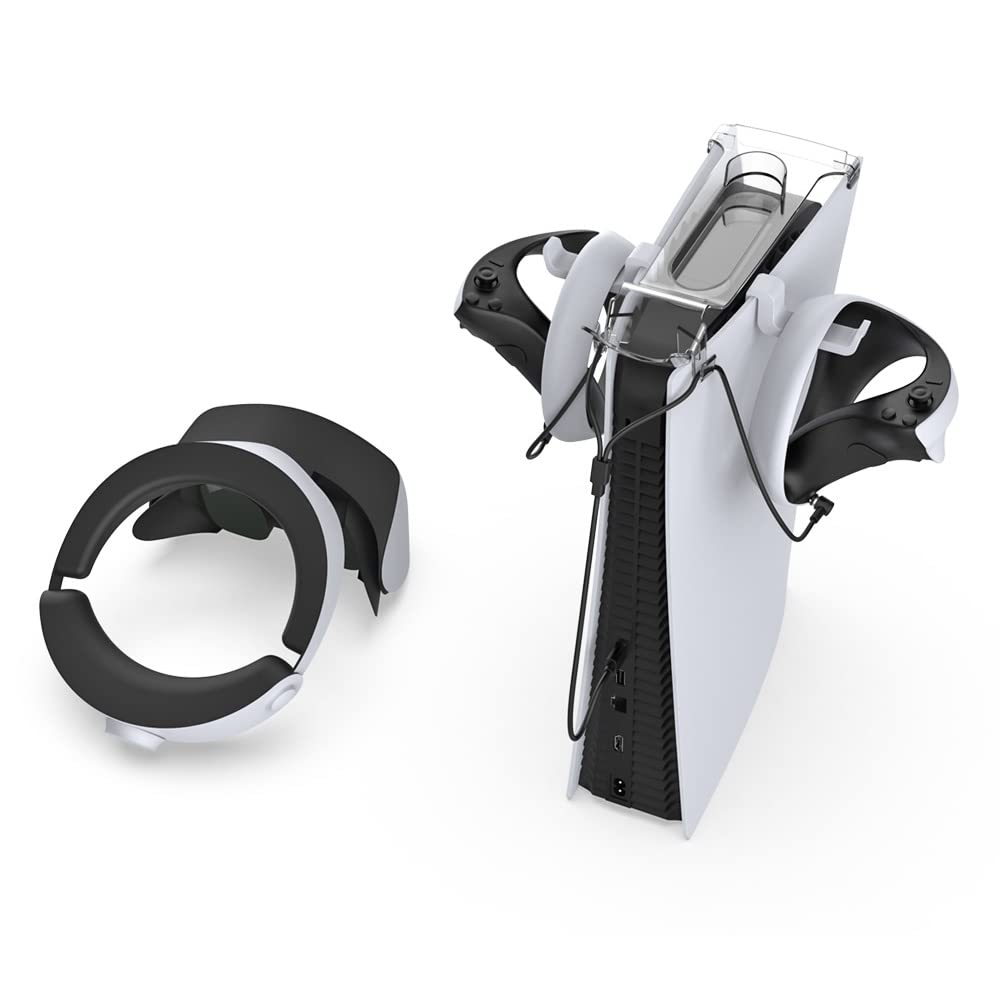 FASTSNAIL VR2 Headset Stand Controllers Holder for PSVR2, Settled on PS5 Console, Display Stand with Lens Cover, Hanger Hook, 2 in 1 Charging Cable and Velcro Straps for PS5 VR2 Gaming Accessories