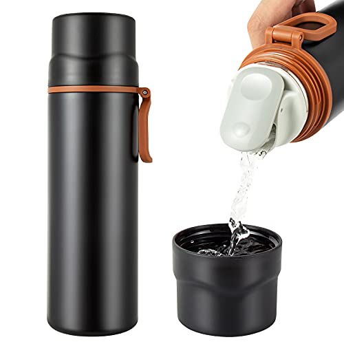 Insulated Water Bottle-Stainless Steel Vacuum Coffee Cup with Handle,Flask Double Walled Sport Travel Mug with Leakproof Lid,Keep Hot & Cold 12 Hours BPA Free 15oz(Black)